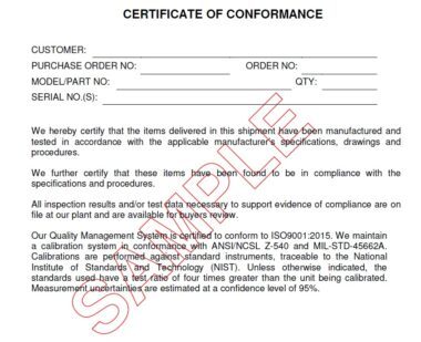 Certificates of Conformance | Palmer Wahl Instrument Manufacturing