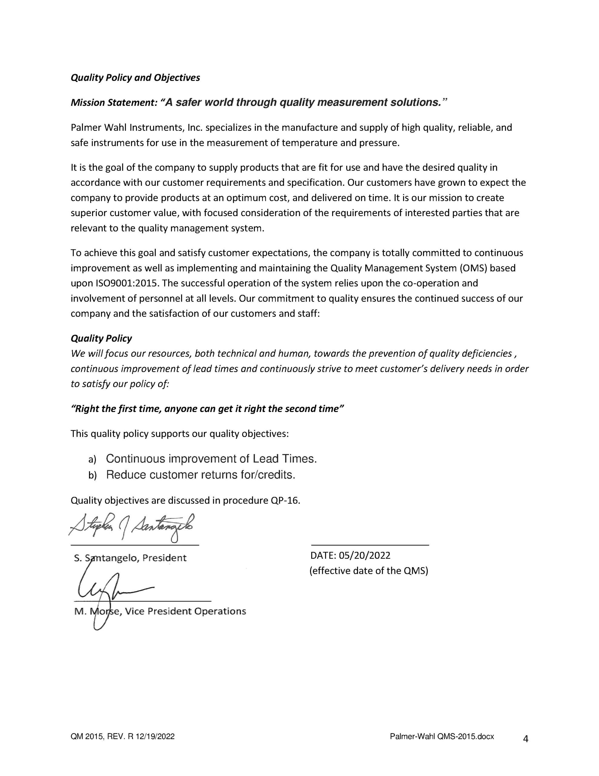 Quality Policy and Objectives | Palmer Wahl Instrument Manufacturing